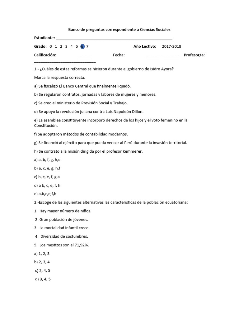 Banco de Preguntas Sexto EESS | PDF | Ecuador