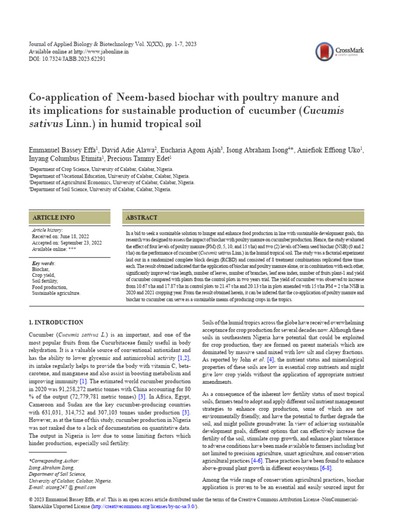 Co-Application of Neem-based Biochar With Poultry Manure on Cucumber ...