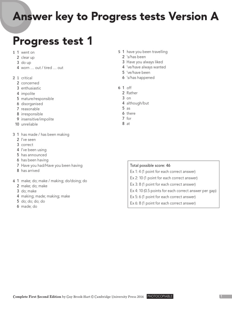 Answer Key Complete First Progress Test | PDF Answer Key Complete First Progress Test | PDF
