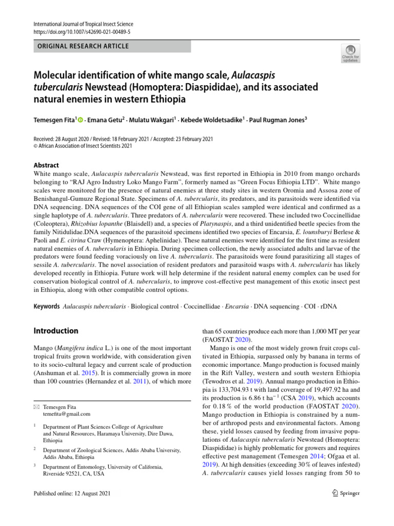 Molecular Identification of White Mango Scale & Its Associated Natural ...