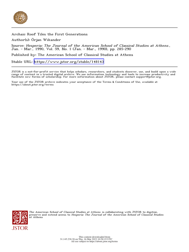 Wikander 1990, Archaic Roof-Tiles, The First Generation | PDF