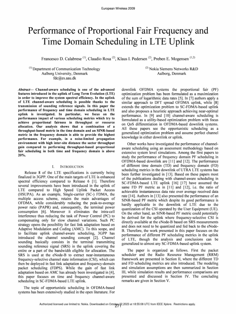 Performance of Proportional Fair Frequency and Time Domain Scheduling in LTE Uplink | PDF | High ...