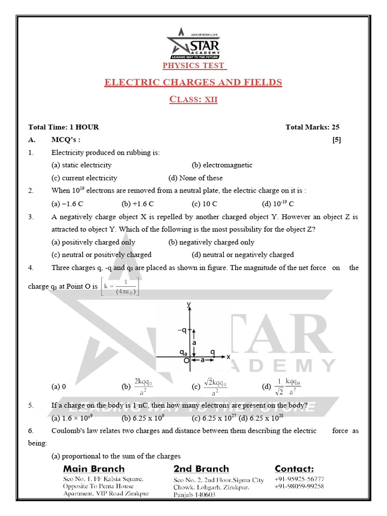 Electric Charges and Fields Test | PDF