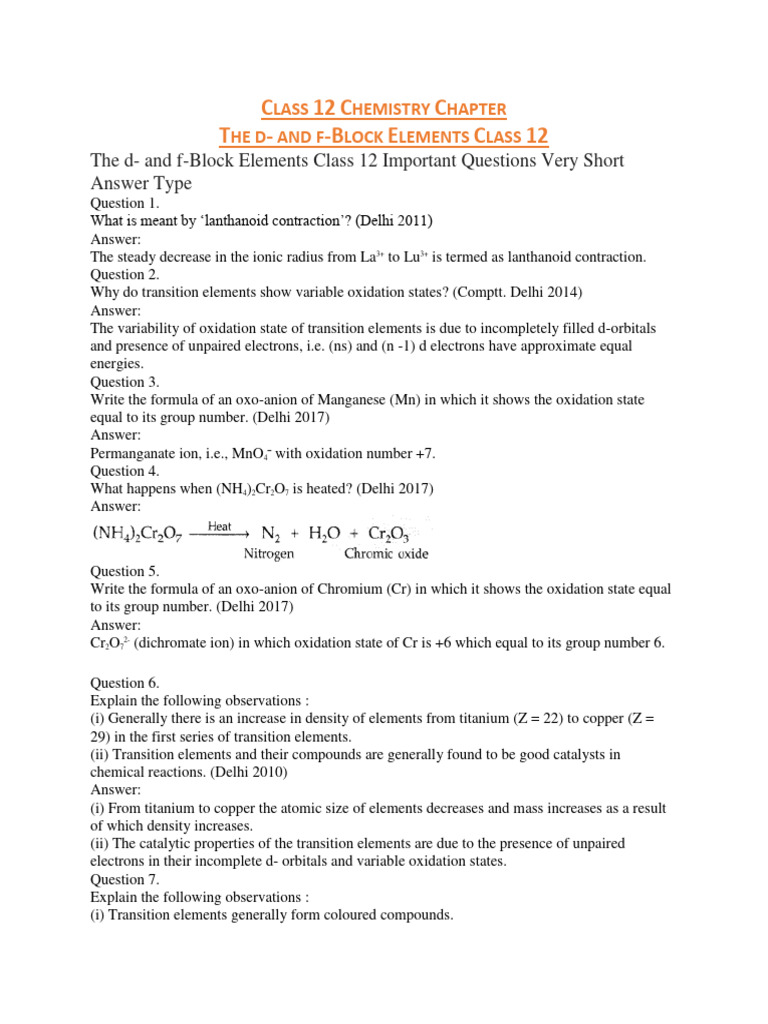 d and f block elements important questions - CLASS 12 CHEMISTRY CHAPTER ...