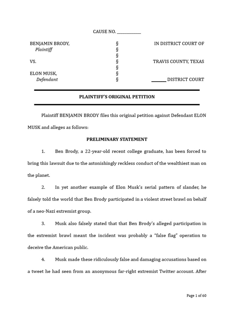 Benjamin Brody Sues Elon Musk for Defamation | PDF