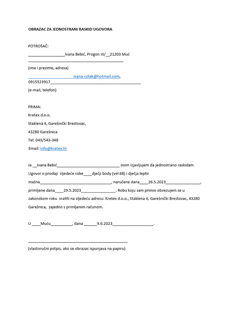 Obrazac Za Jednostrani Raskid Ugovora | PDF