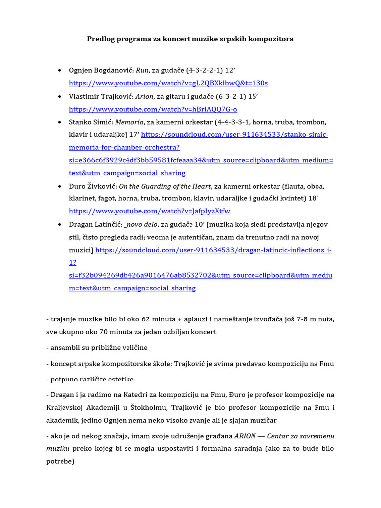 Predlog Programa Za Koncert Srpskih Kompozitora U Americi | PDF