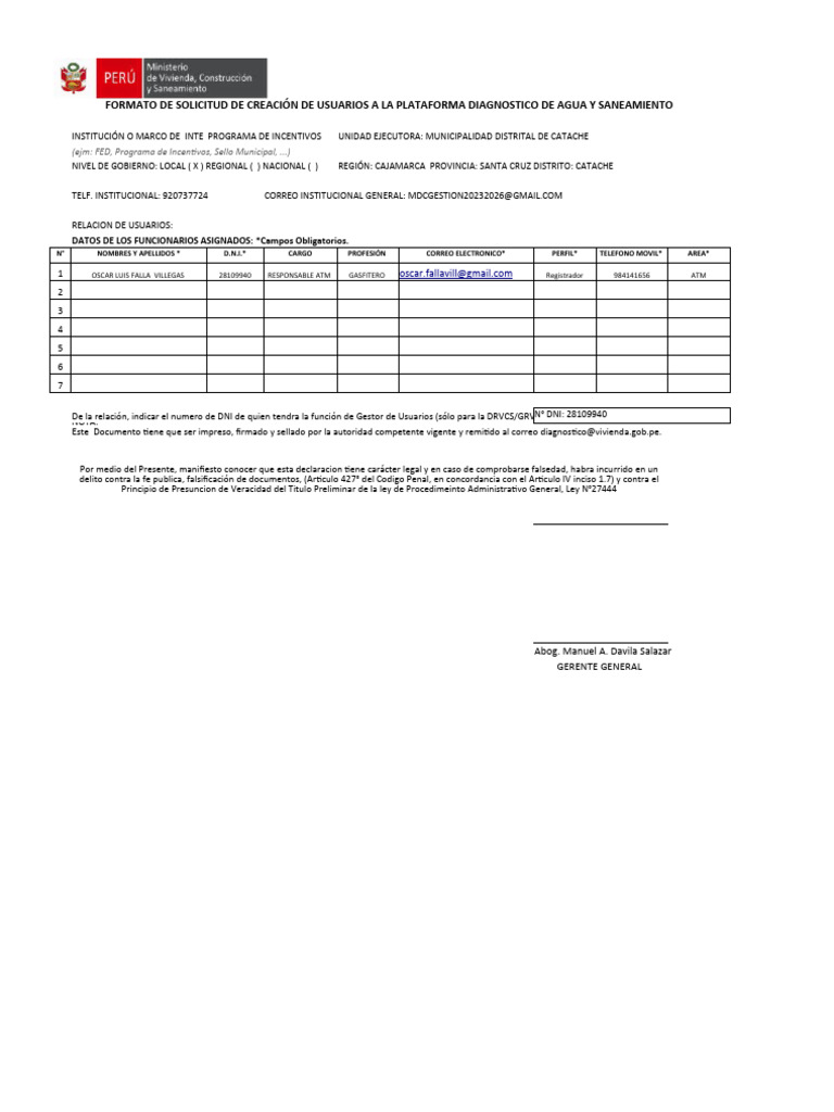 Formato Oficial Creación de Usuarios Plataforma Diagnóstico | PDF