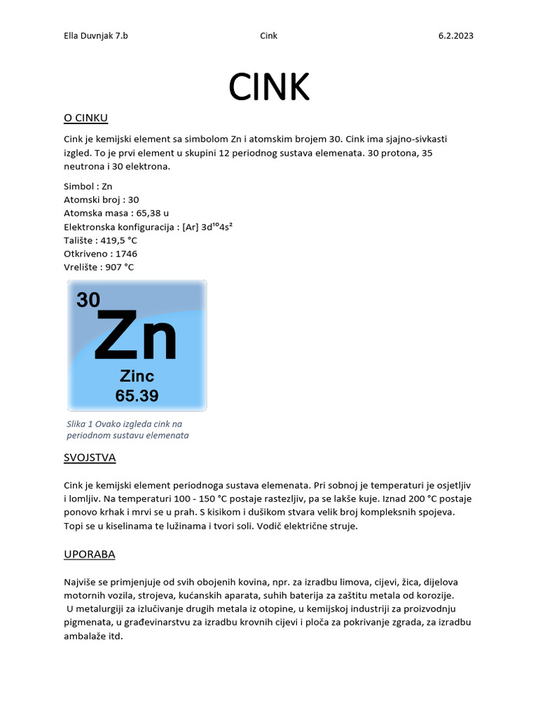 Istraživački Rad o Kemijskom Elementu Cink | PDF