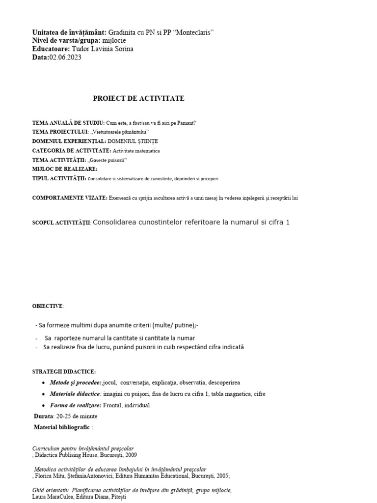 Proiect Didactic Activitate Matematica Grupa Mijlocie | PDF