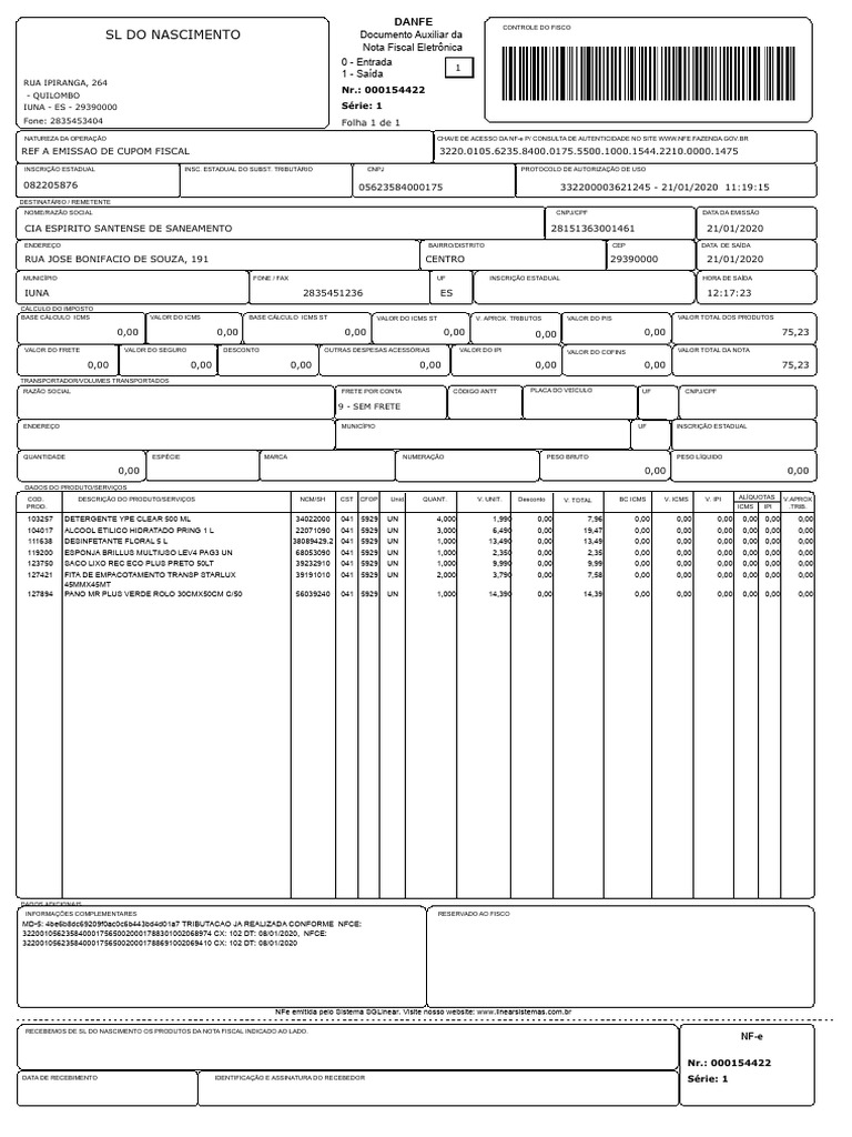 Documento Nota Fiscal Eletrônica | PDF