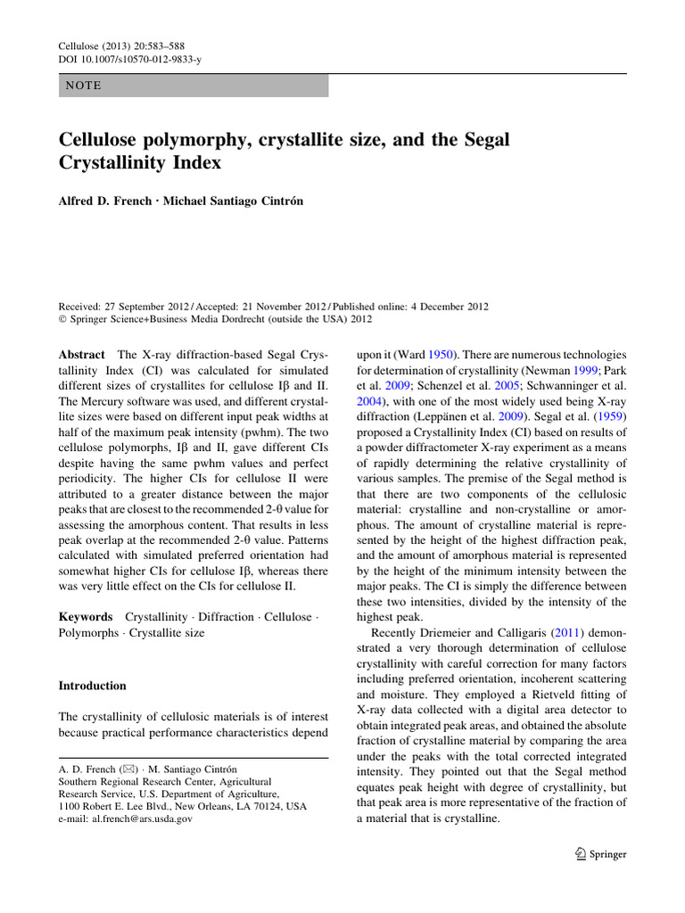 Cellulose Polymorphy, Crystallite Size, and The Segal | PDF | Crystal ...