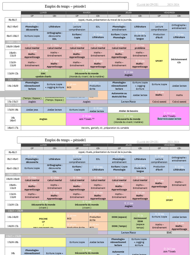 Emploi Du Temps CP Ce1 | PDF