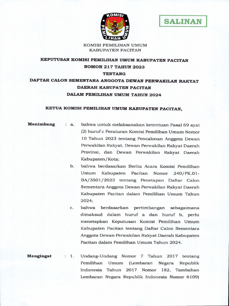 Salinan SK KPU NO 217 2023 Tentang DCS DPRD Kabupaten Pacitan Dalam Pemilu 2024 | PDF
