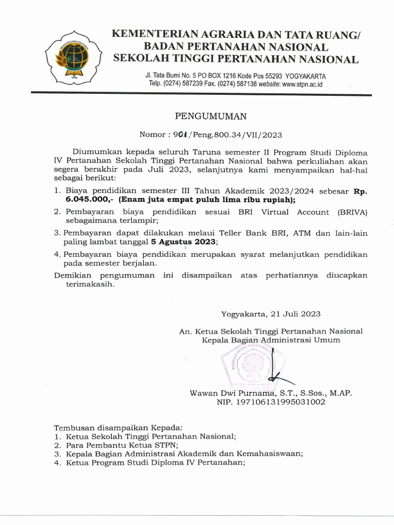 1.pembayaran Biaya Pendidikan SMT 3 Prodi D IV STPN - 2023 - 2024 | PDF