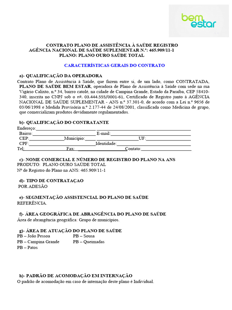 Modelo de contrato de Plano de Saúde | PDF