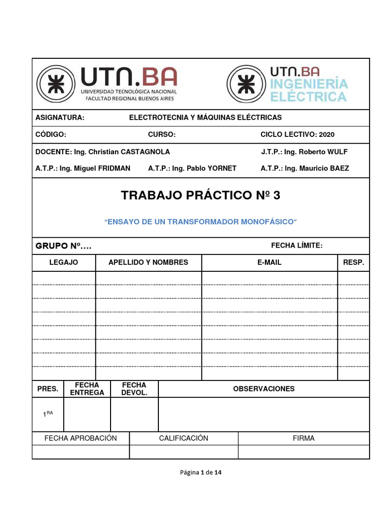 Informe TPN°3 - Trafo Monofásico - 2022 | PDF | Inductor | Transformador