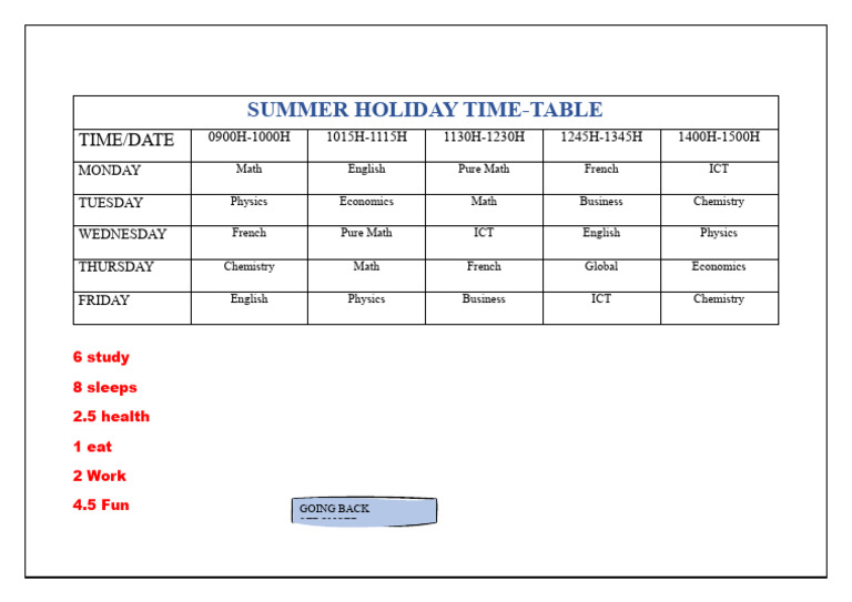 Summer Holiday Time Table | PDF