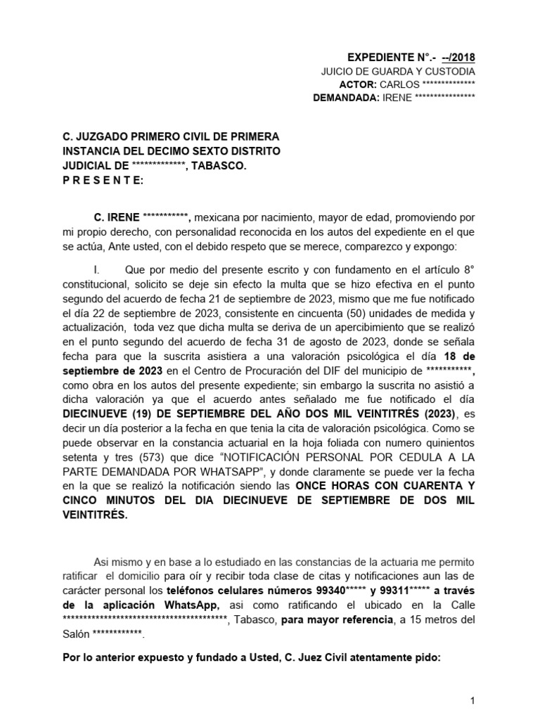 Señalando Nuevo Domicilio de Demandada - DEJE SIN EFECTO MULTA | PDF | Justicia | Crimen y violencia