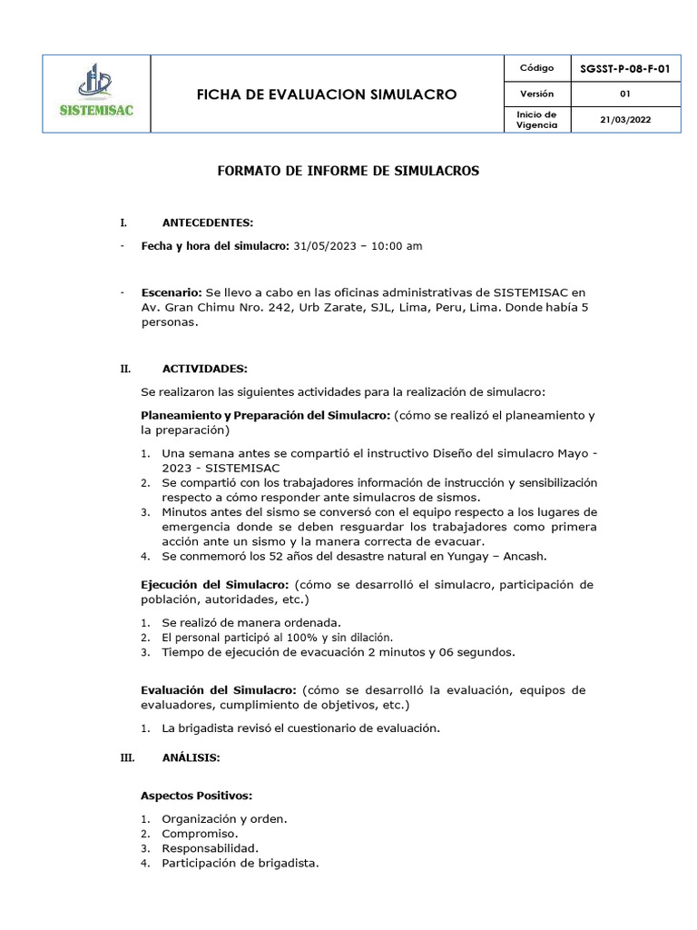 Informe de Simulacro Multipeligro | PDF