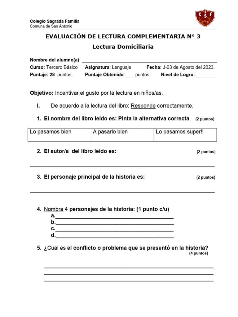 3.prueba Del Libro 3ero A Pasarlo Bien N°2 | PDF