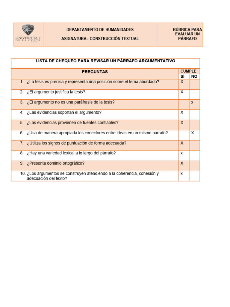 Lista de Chequeo para Revisar Un Párrafo Argumentativo | PDF