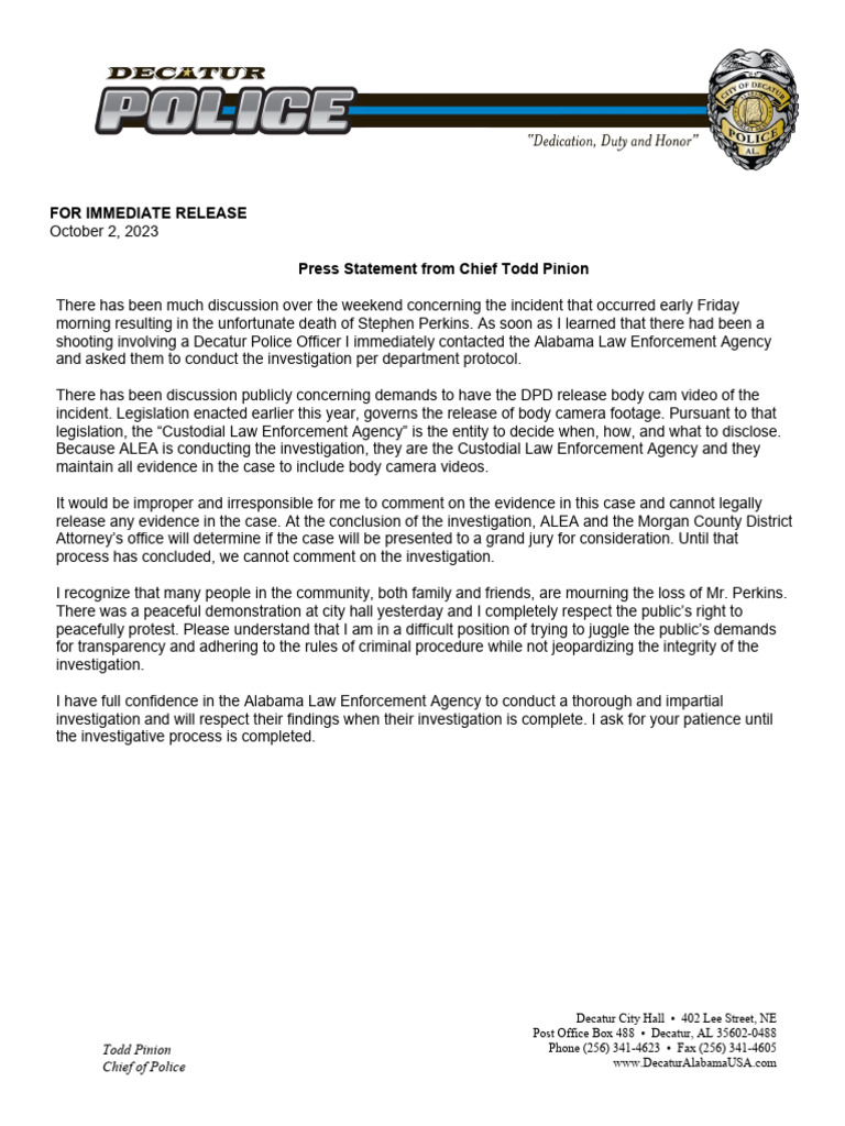 Decatur Police Chief Todd Pinion Statement Regarding OIS | PDF | Police ...