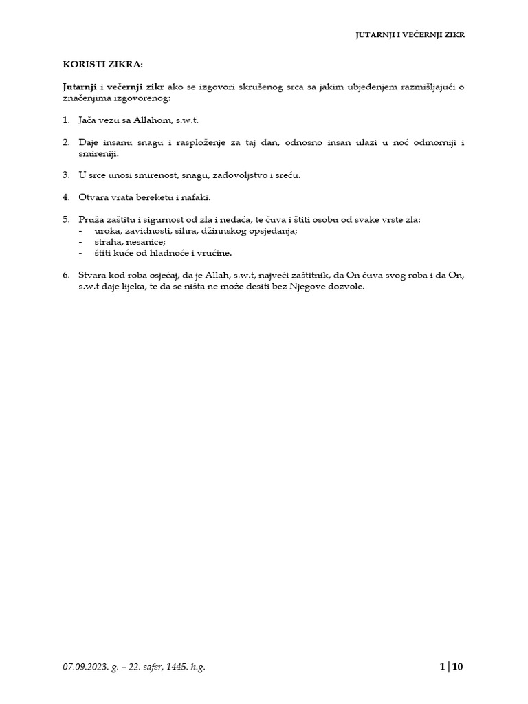 Jutarnji I Večernji Zikr - Orginal | PDF