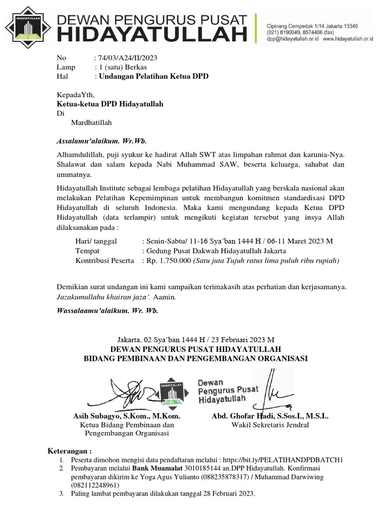 Surat Undangan Pelatihan Ketua DPD | PDF