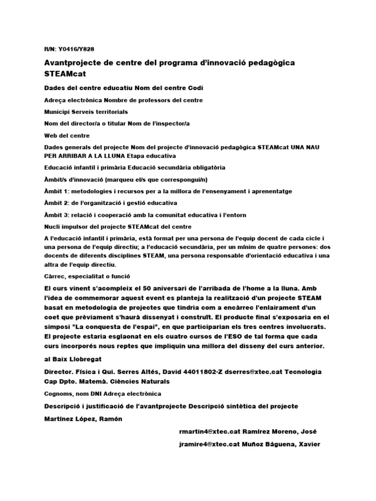 A604-Avantprojecte de Centre Del Programa D'innovació Pedagògica STEAMcat | PDF