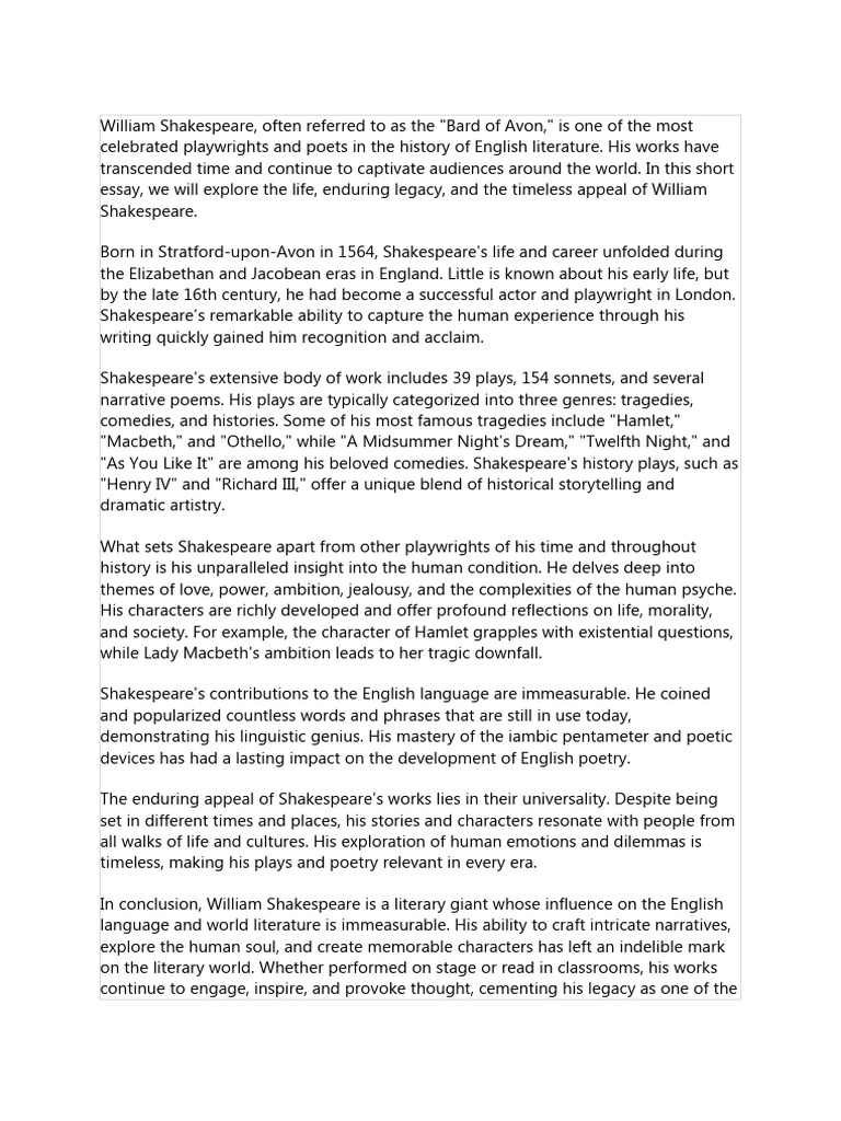 William Shakespeare Essay | PDF | William Shakespeare | Play (Theatre)