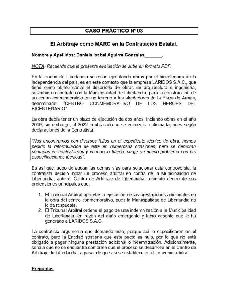 Caso PraÌ Ctico N. 3 - El Arbitraje Como MARC en La Contratacioì N Estatal | PDF | Arbitraje ...
