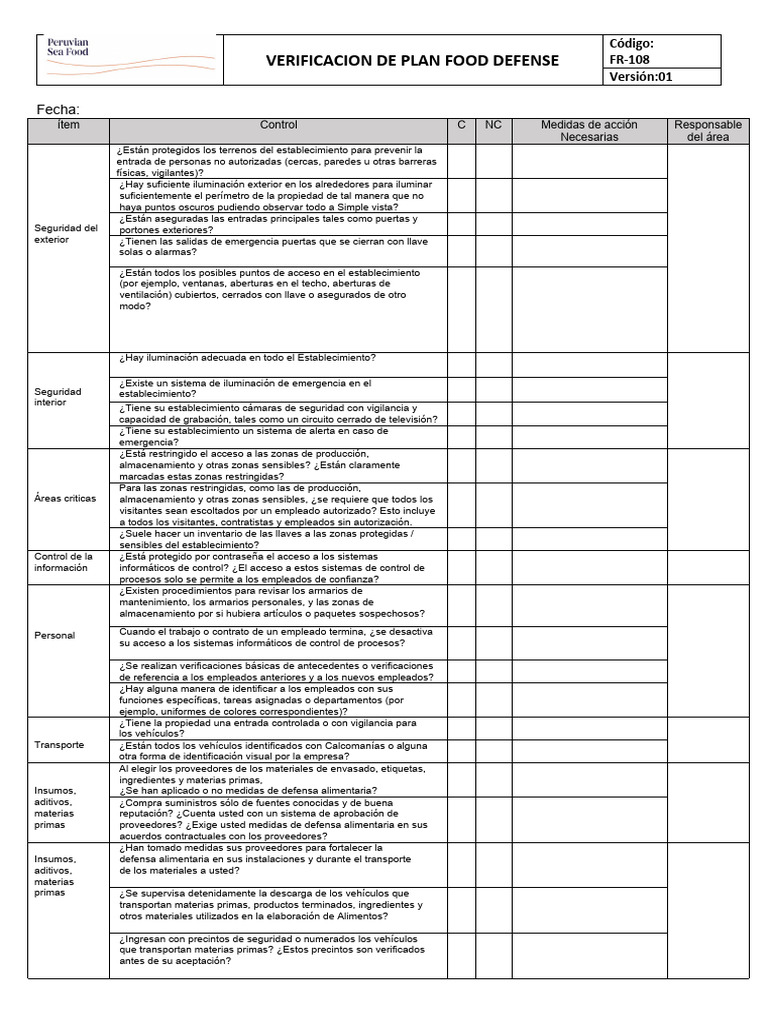 FR-108 Check List para Evaluación Del Plan Food Defense | PDF