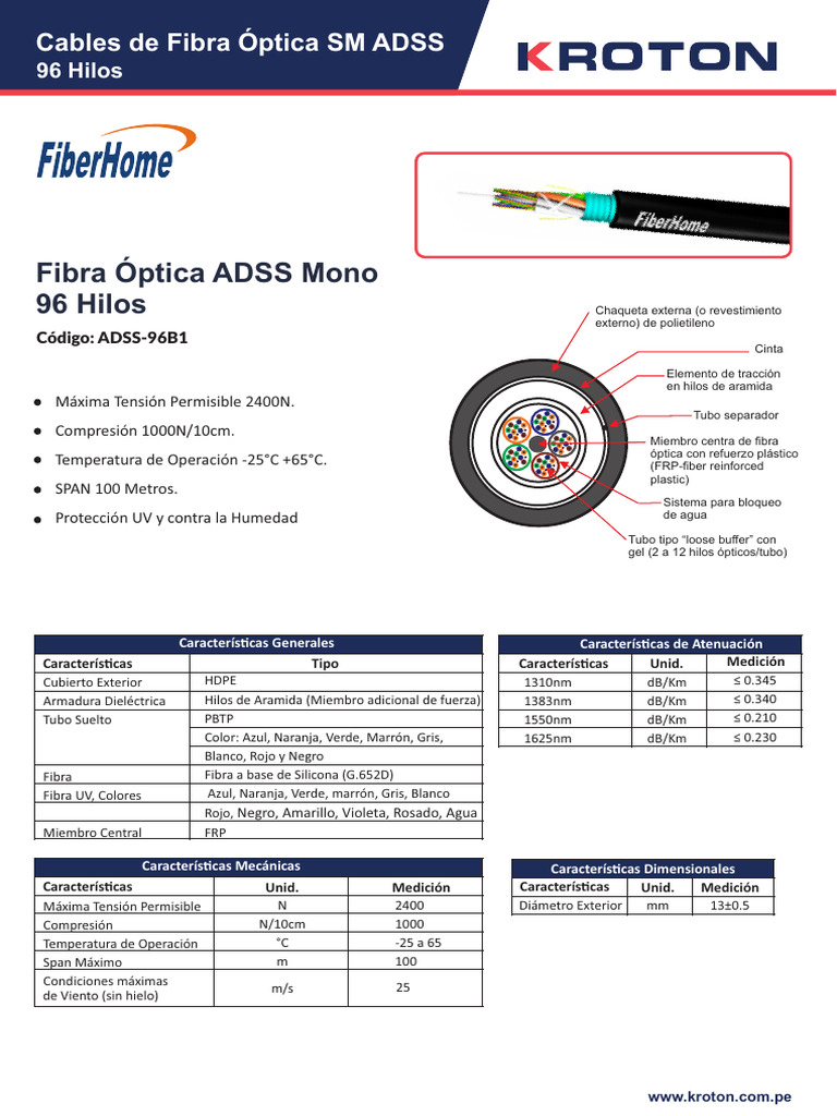 Datasheet Fibra Optica Adss 96 Hilos | PDF