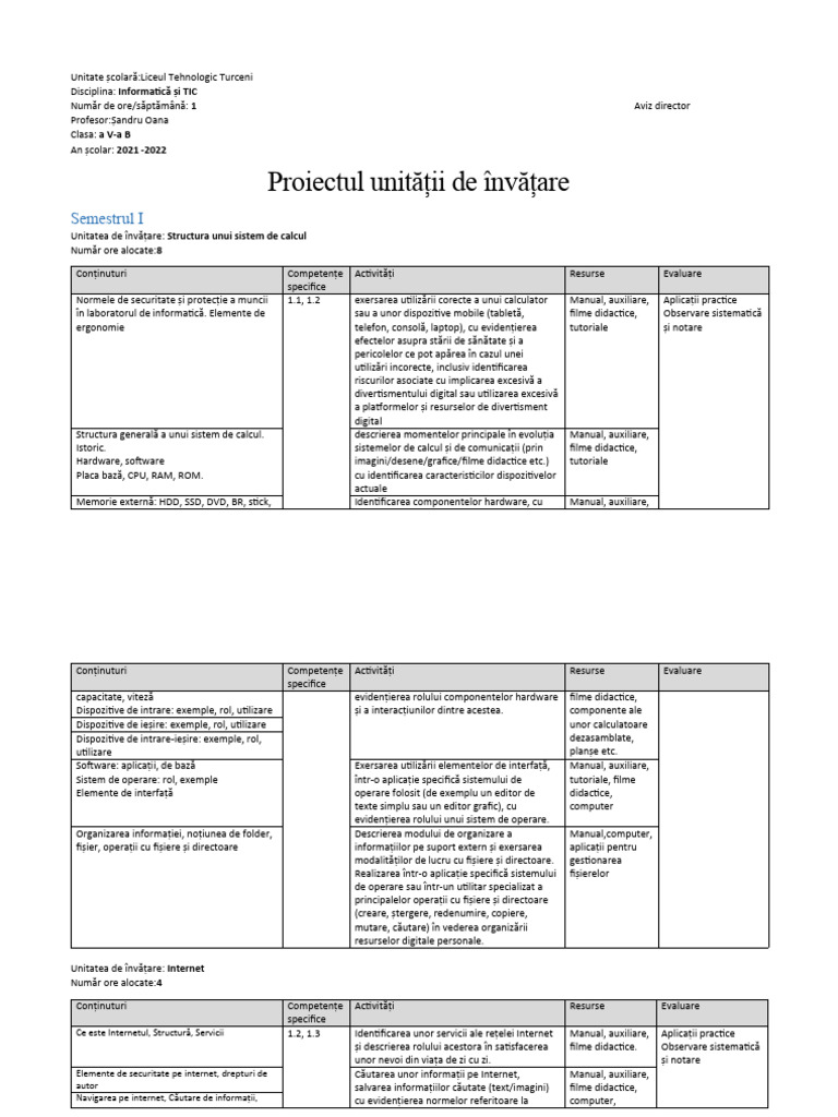 proiectul unitatii de invatare tot- clasa aV-a | PDF