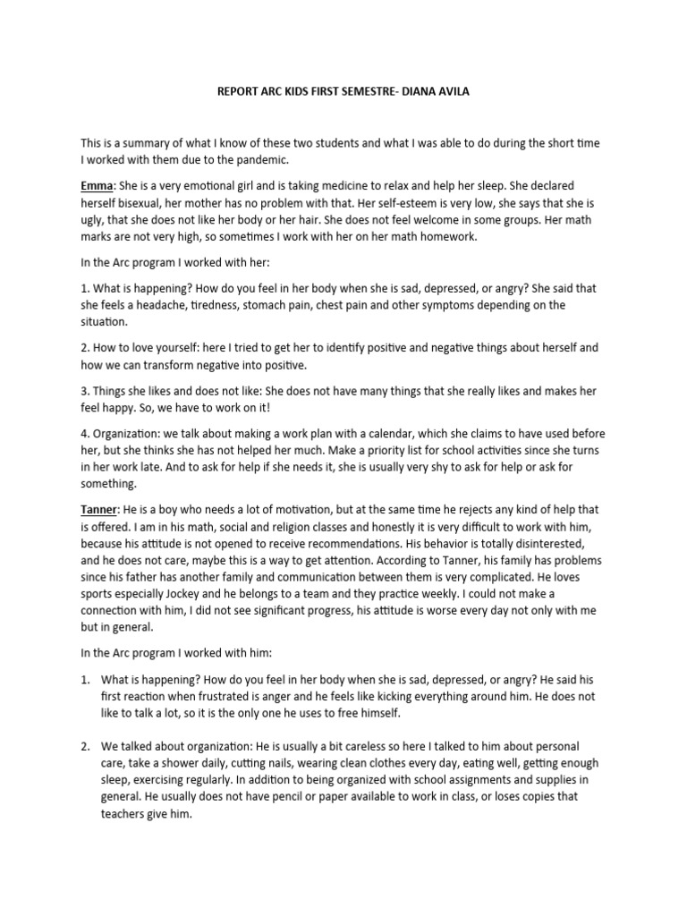 ARC Kids First Semester Report Summary | PDF