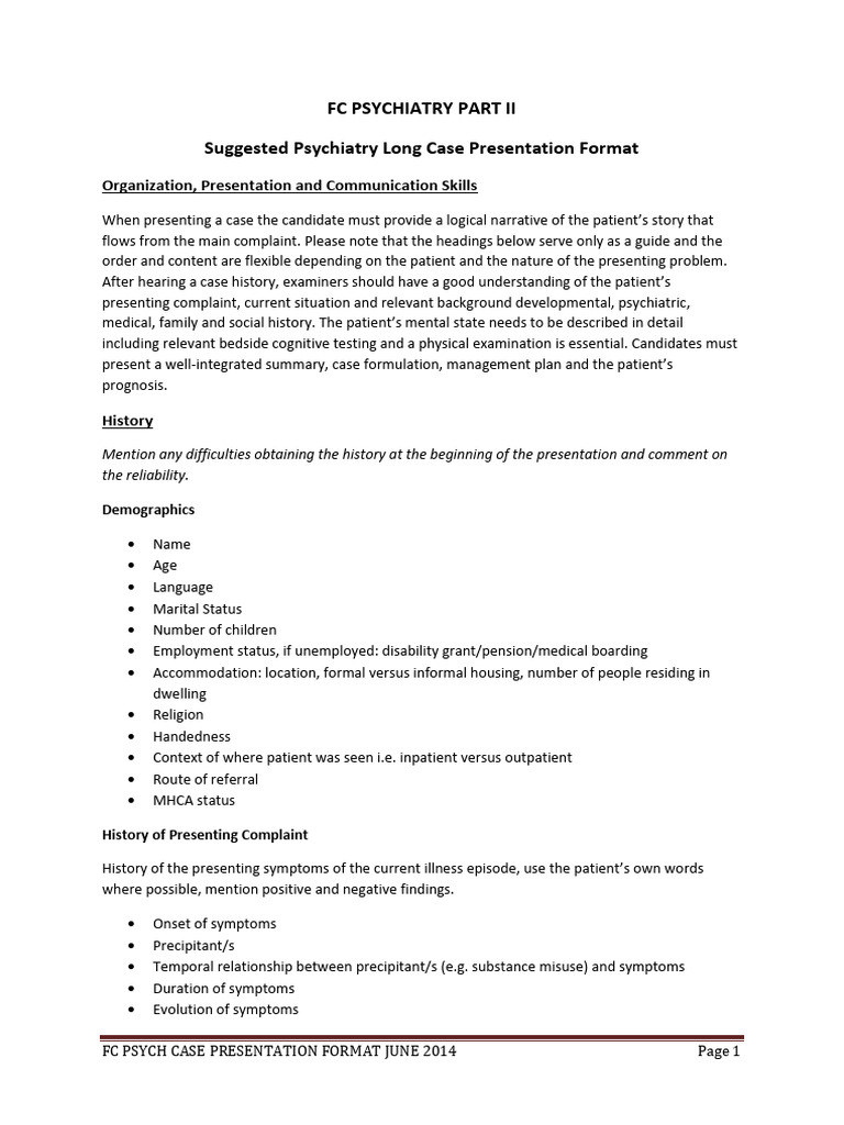Psychiatry Long Case Presentation Format | PDF