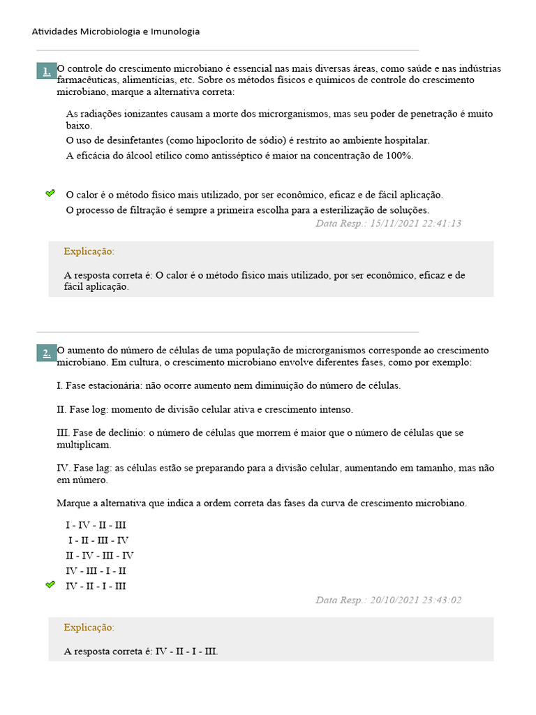Atividades Microbiologia e Imunologia | PDF
