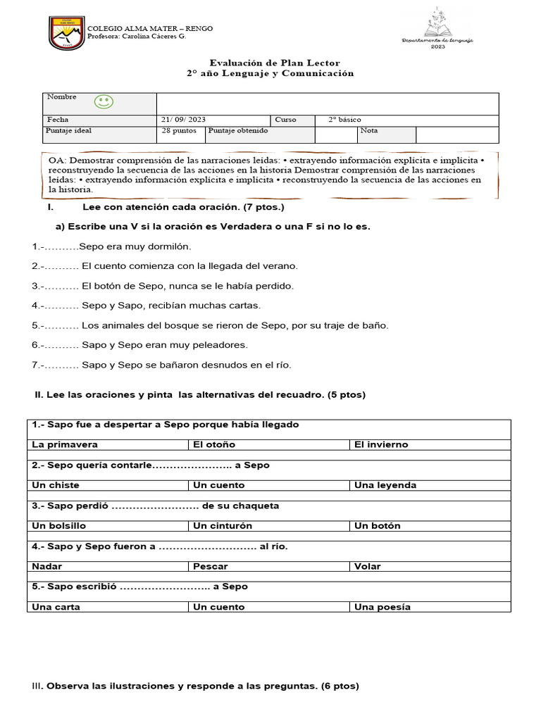 Prueba Sapo y Sepo Son Amigos Ok | PDF