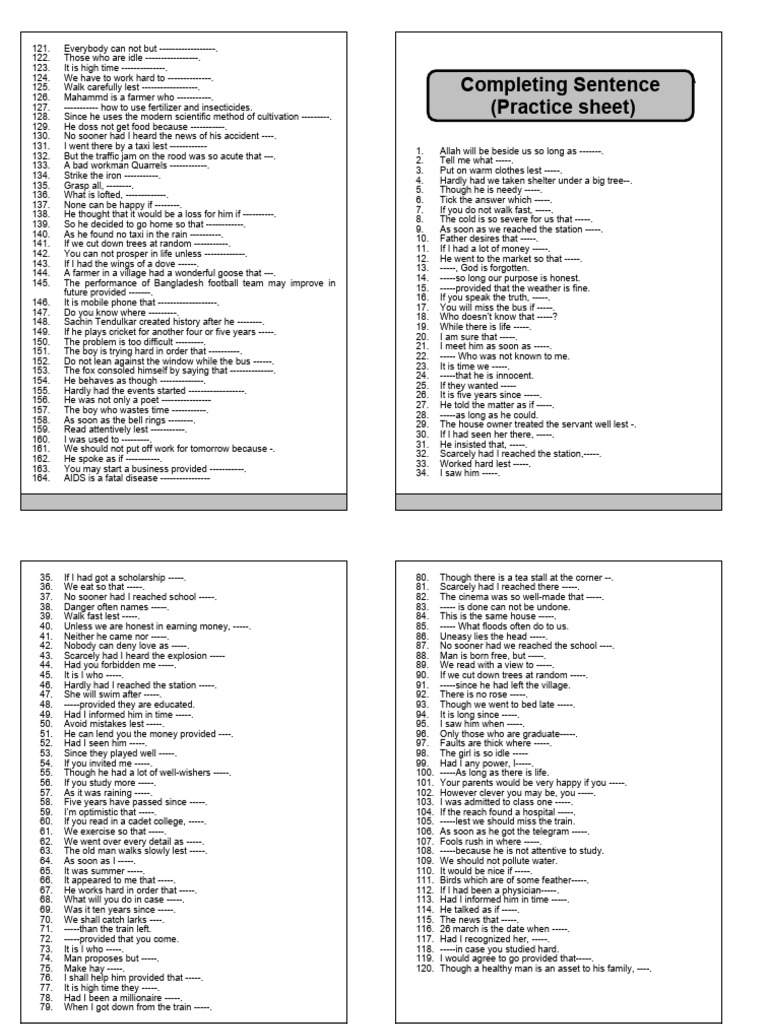 Completing Sentence Practice Sheet | PDF
