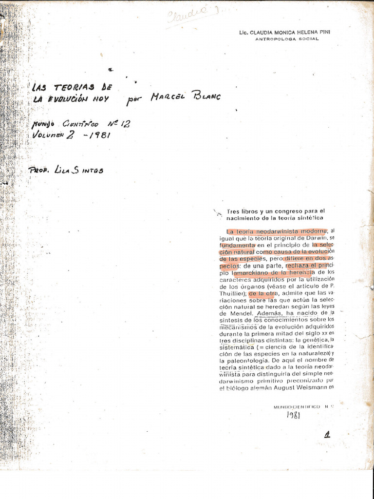 Teorias de La Evolucion Hoy Marcel Blanc | PDF