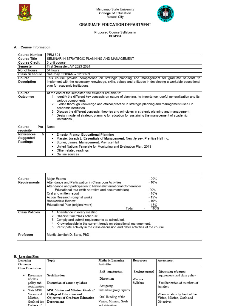 PEM 304 Syllabus Section 304 S 9 12NN | PDF