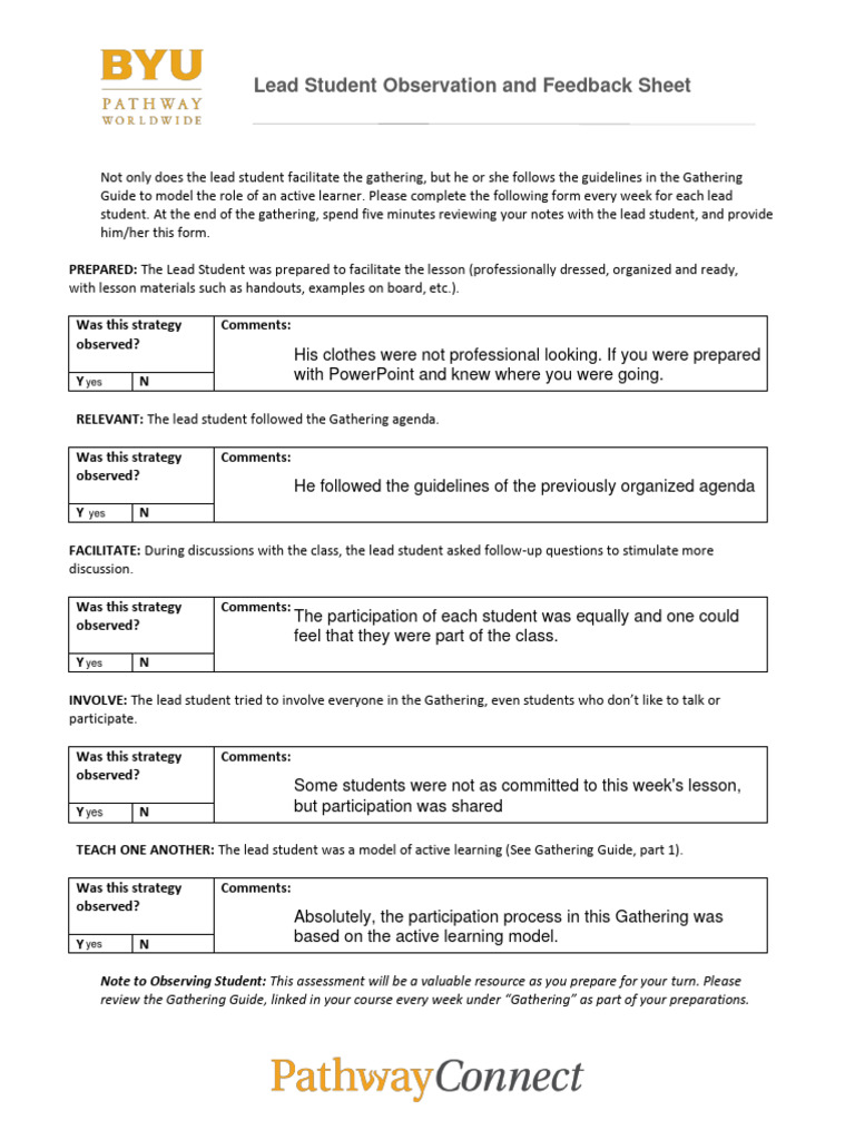 Observation Feedback Sheet | PDF