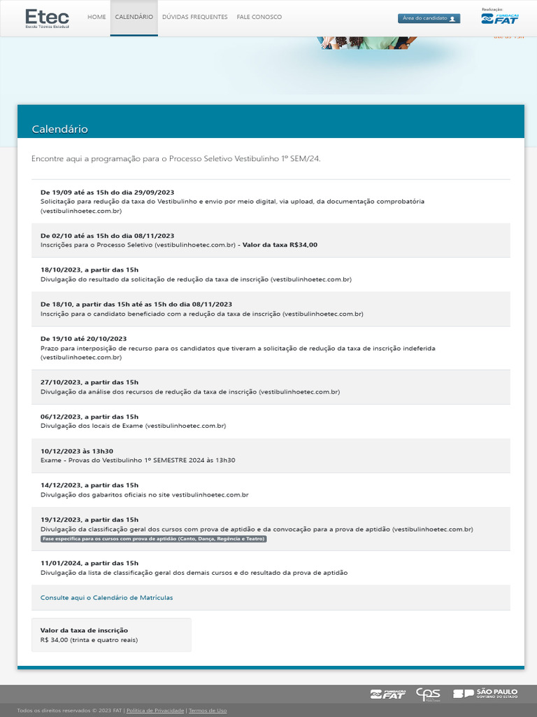 Calendário - Vestibulinho Etec | PDF