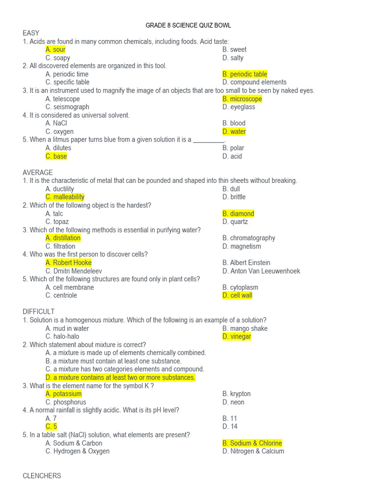 Grade 8 Science Quiz Bowl Questions | PDF