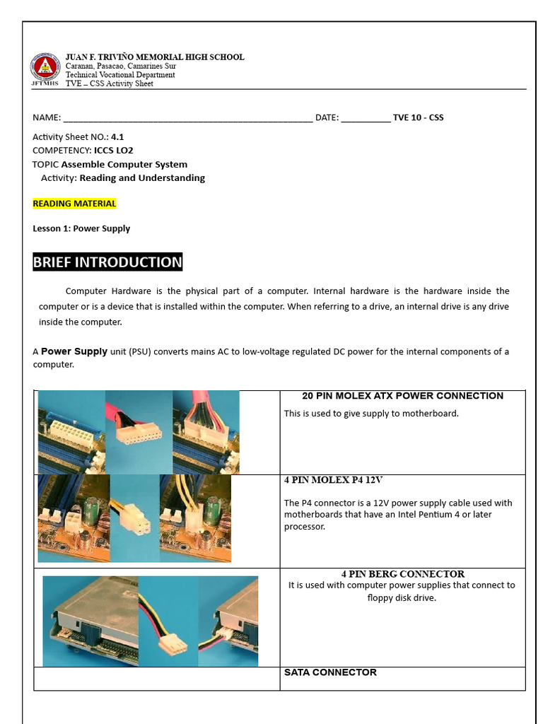 Activity Sheet 41 Assemble Computer System Pdf 