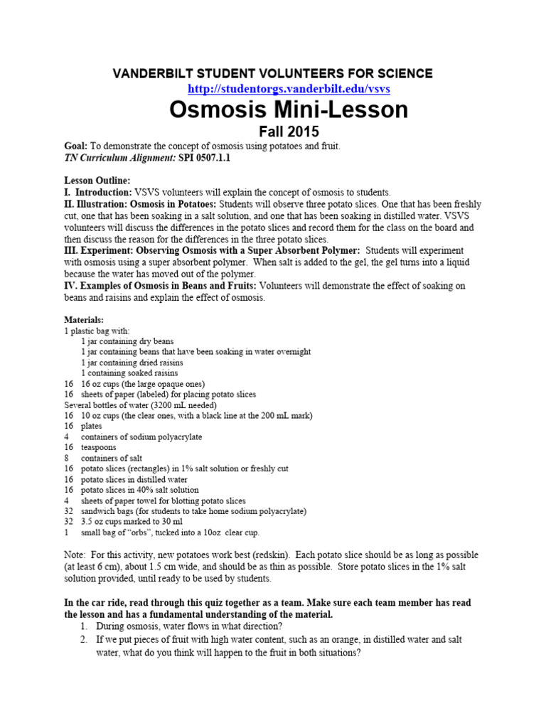 Osmosis Mini Lesson Fall 2015 | PDF | Osmosis | Water