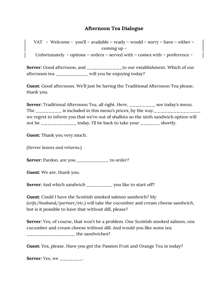 Afternoon Tea Dialogue - Activity | PDF