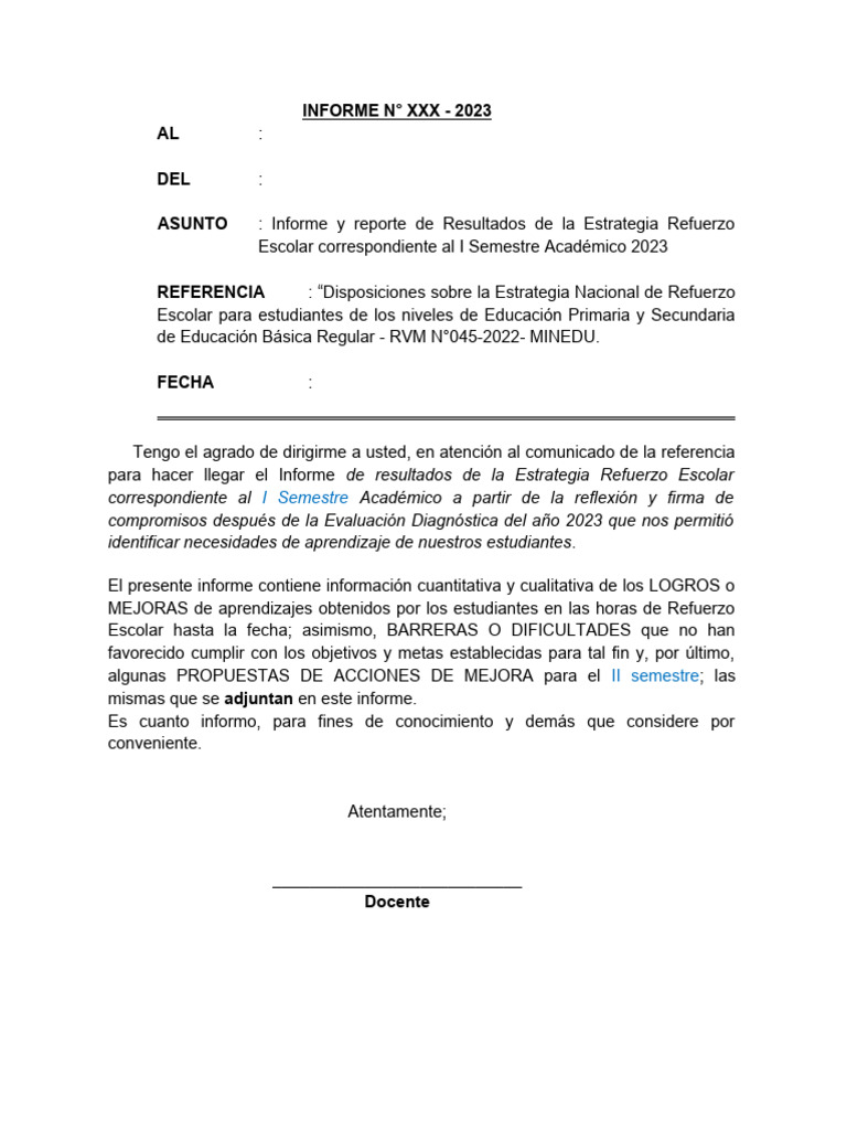INFORME N°01 - Refuerzo Escolar - 2023 | PDF