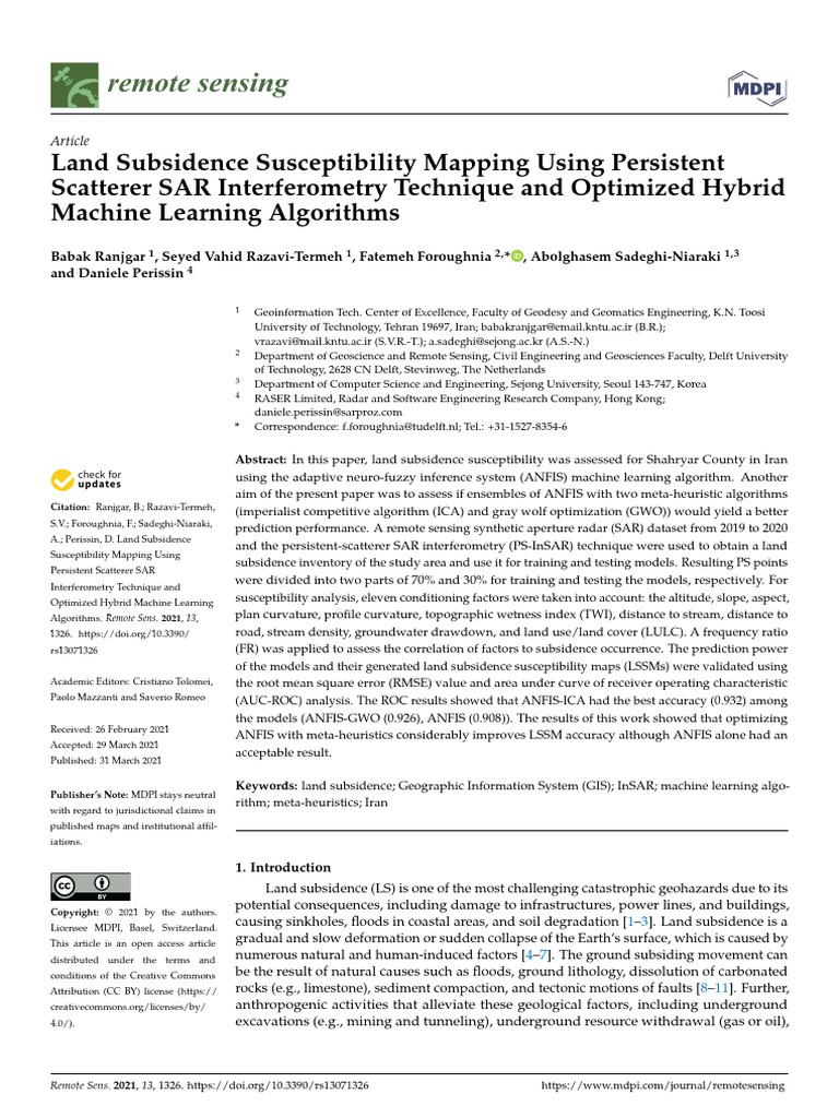 Land Subsidence Susceptibility Mapping Using Persistent Scatterer SAR ... Land Subsidence Susceptibility Mapping Using Persistent Scatterer SAR ...